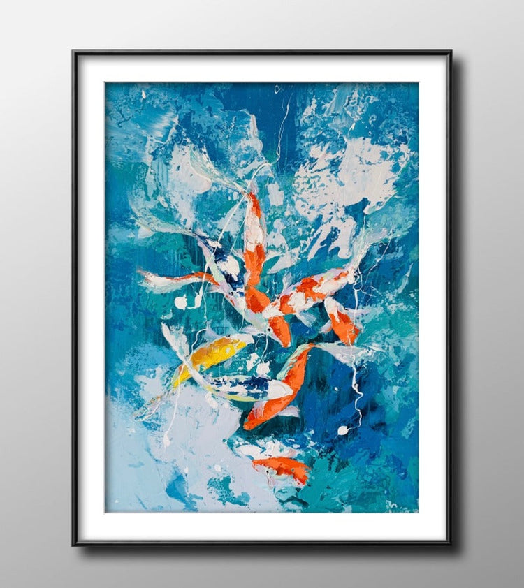 Large Original Oil Impressionism Golden Fish Painting – EKM Art Studio